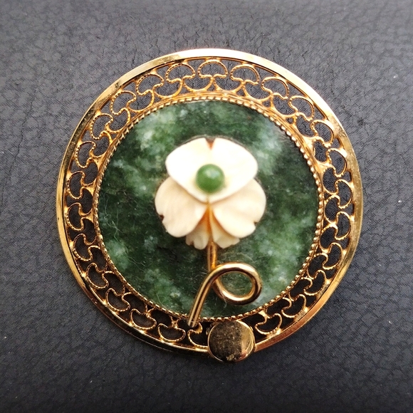 Valtallica's Vintage | Jewelry | Vintage 2k Gf Genuine Jade Green Gemstone Carved Bone Celluloid ...